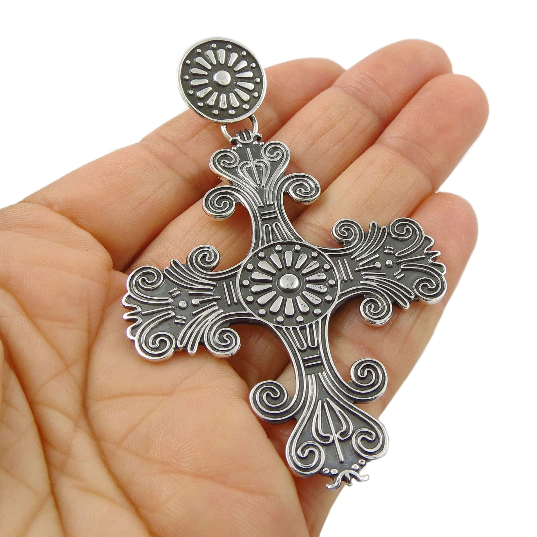 Baroque Cross Pendant Necklace in Sterling Silver